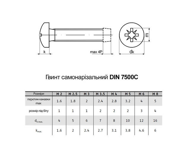 DIN7500C М6х12 сталь гвинт самонарізний цинк білий повна різьба крок 1 ...