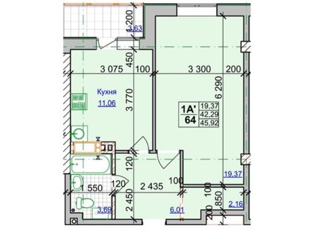 ЖК Спортивний, Харків: однокімнатне планування 45.9 м² (секція 1, черга 1) по ціні 1468800 грн ...